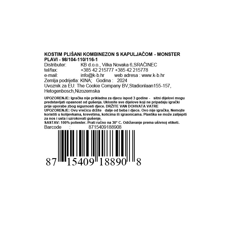 Kostim plišani kombinezon s kapuljačom - monster plavi