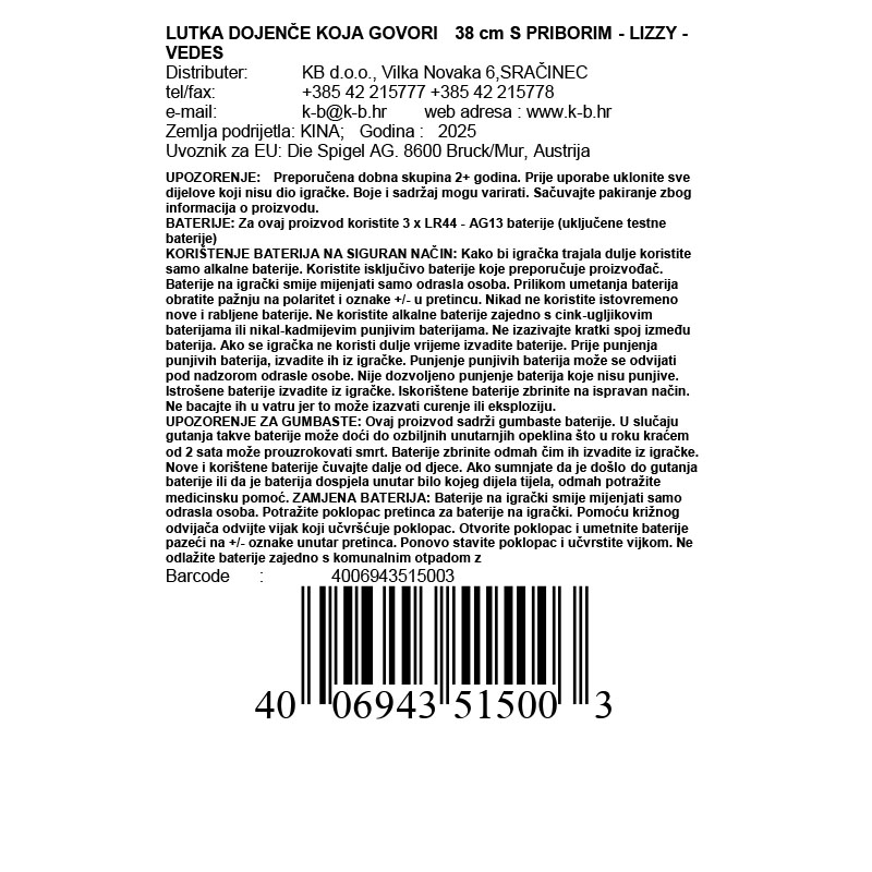 Lutka dojenče koja govori - Lizzy vedes