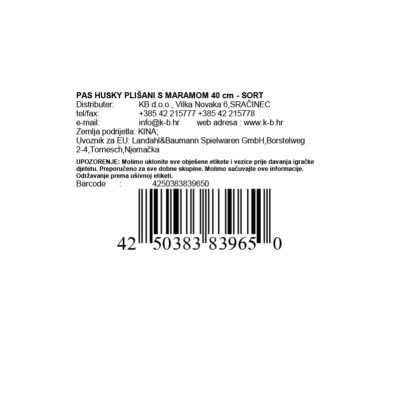 Plišani pas husky s maramom - sort boje 40 cm