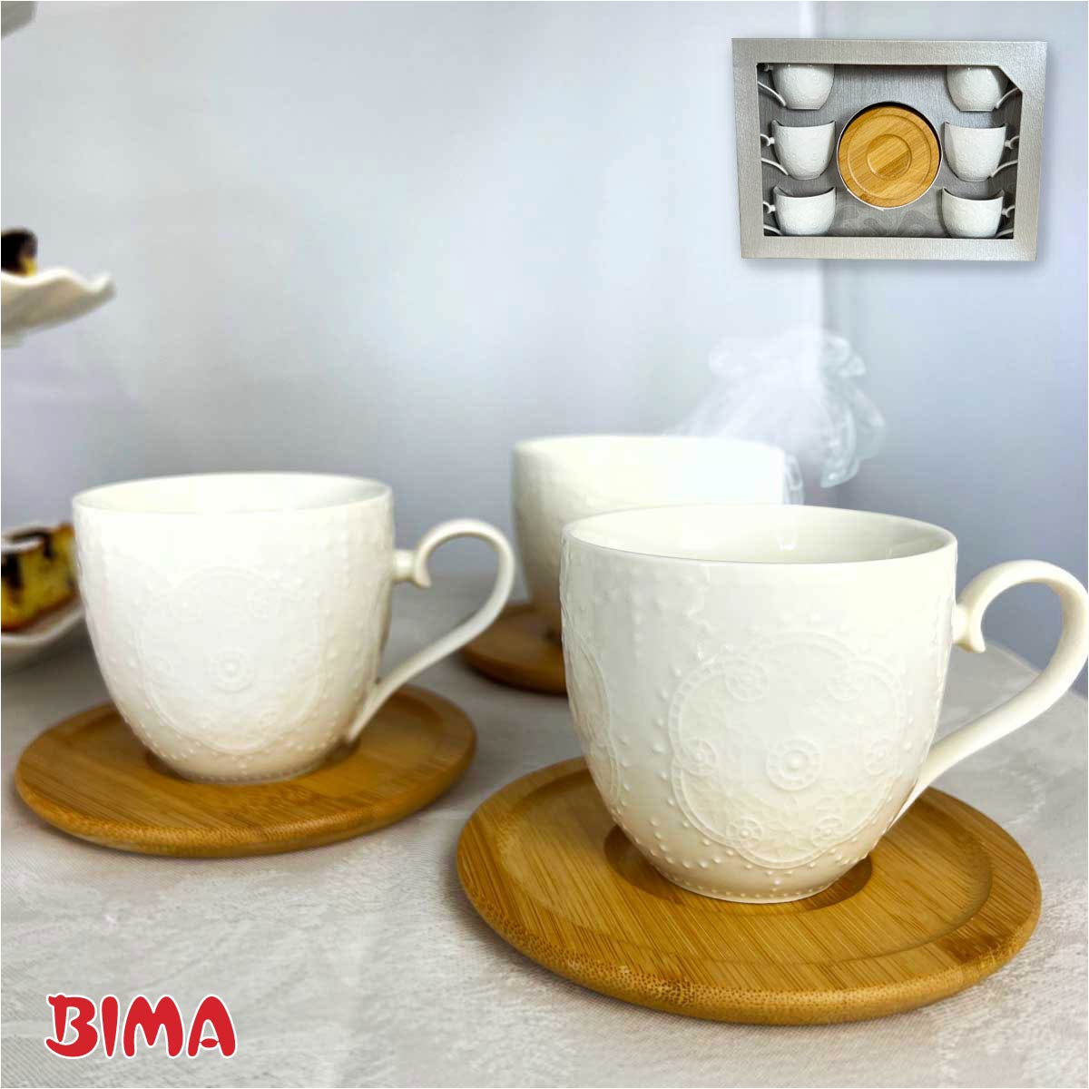 ŠALICE PORCULANSKE S DRVENIM TANJURIĆIMA 6/1 200 mL